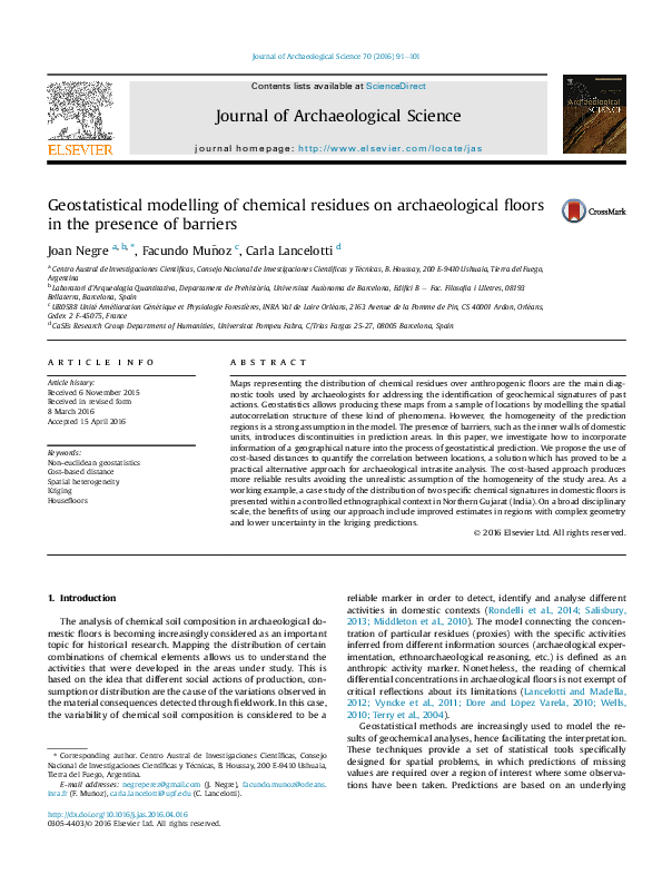 (PDF) Geostatistical modelling of chemical residues on archaeological floors in the presence of ...