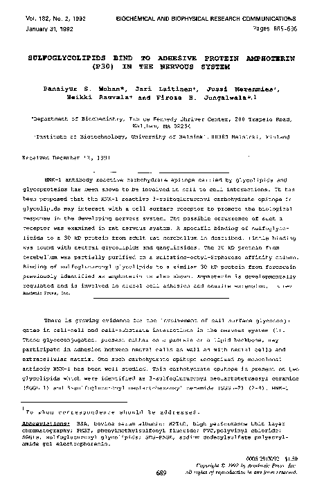 (PDF) Sulfoglycolipids bind to adhesive protein amphoterin (P30) in the ...