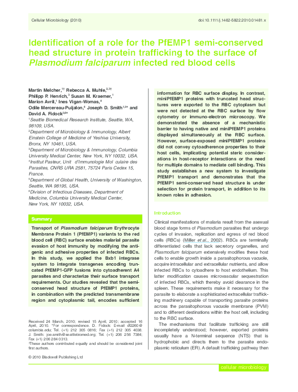 (PDF) Identification of a role for the PfEMP1 semi-conserved head ...