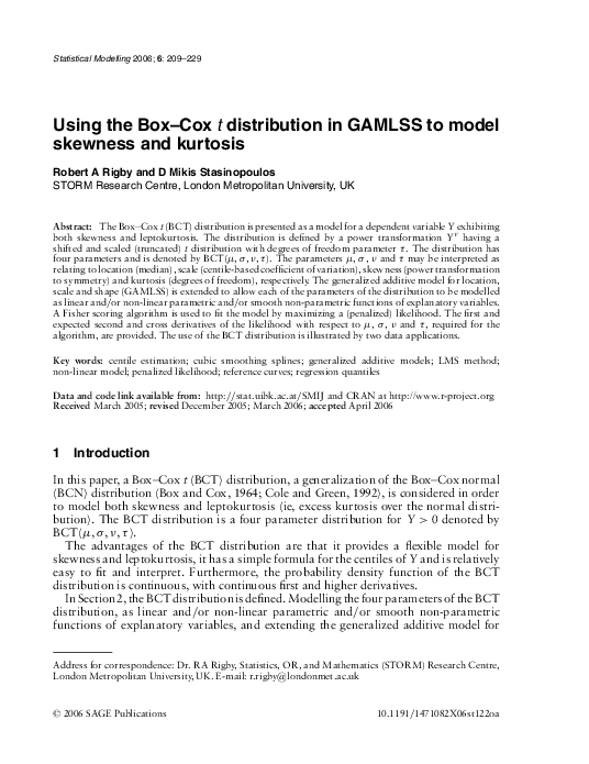 (PDF) Using the Box–Cox t distribution in GAMLSS to model skewness and kurtosis