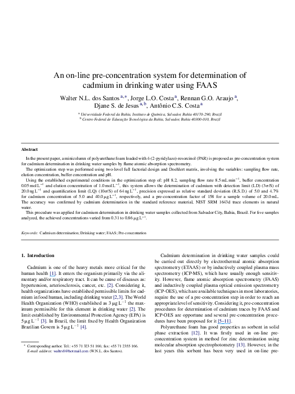 Pdf An On Line Pre Concentration System For Determination Of Cadmium