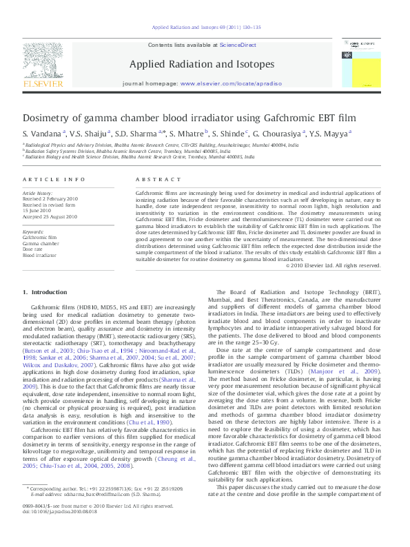 (PDF) Dosimetry of gamma chamber blood irradiator using Gafchromic EBT film
