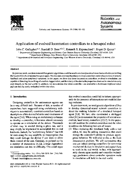 Pdf Application Of Evolved Locomotion Controllers To A Hexapod Robot