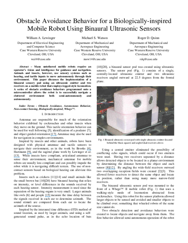(PDF) Obstacle Avoidance Behavior for a Biologically-inspired Mobile Robot Using Binaural ...
