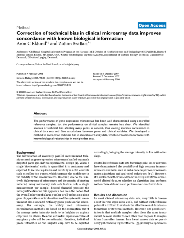 (PDF) Correction of technical bias in clinical microarray data improves concordance with known ...