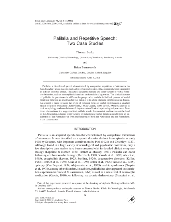(PDF) Palilalia and Repetitive Speech: Two Case Studies
