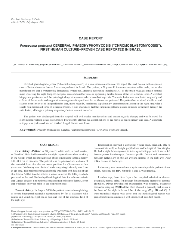 (PDF) Fonsecaea pedrosoi cerebral phaeohyphomycosis ...