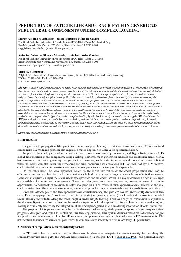 (PDF) Prediction of Fatigue Life and Crack Path in Generic 2D Structural Components under ...