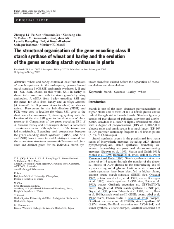 (PDF) The structural organisation of the gene encoding class II starch ...