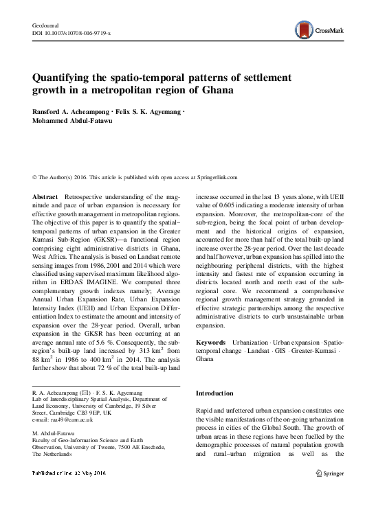 (PDF) Quantifying the Spatio-temporal Patterns of Settlement Growth in a Metropolitan Region of ...