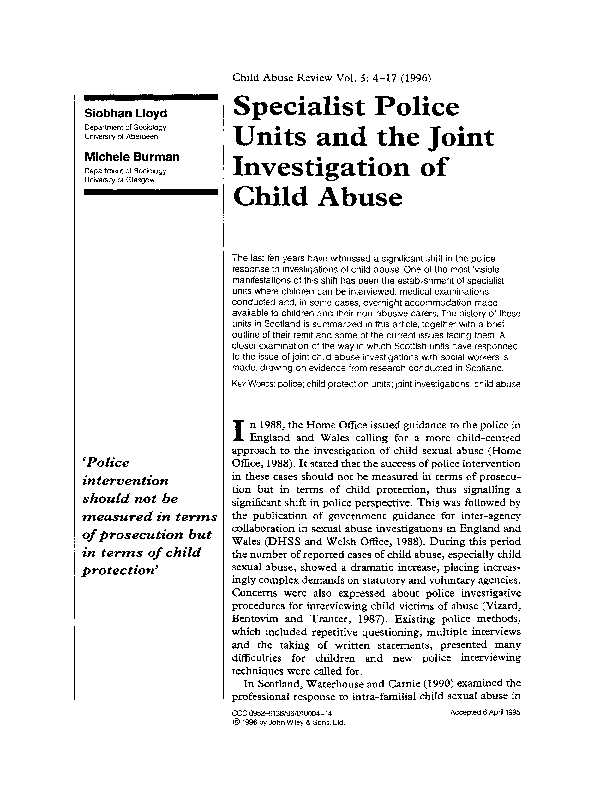 (PDF) Specialist police units and the joint investigation of child abuse