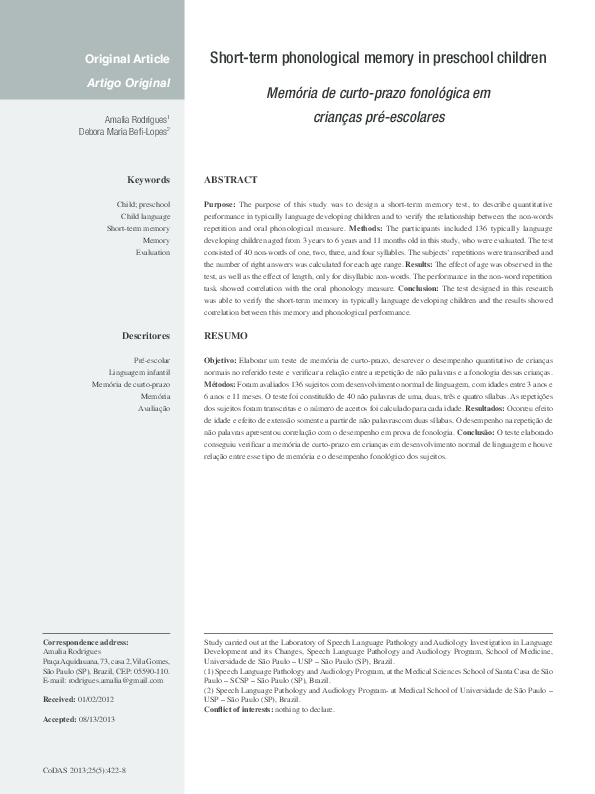 (PDF) Short-term phonological memory in preschool children