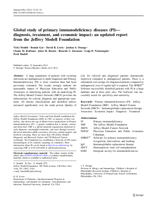 (PDF) Global study of primary immunodeficiency diseases (PI)--diagnosis ...