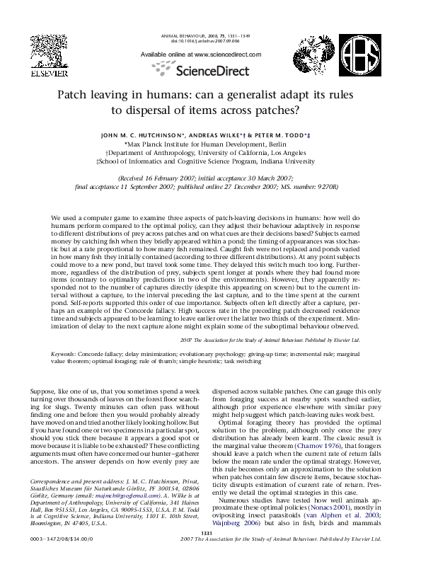 (PDF) Patch leaving in humans: can a generalist adapt its rules to ...