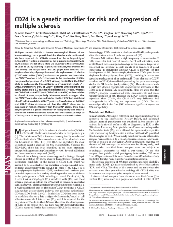 (PDF) CD24 is a genetic modifier for risk and progression of multiple sclerosis