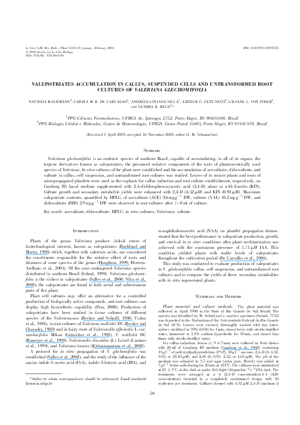 (PDF) Valepotriates accumulation in callus, suspended cells and ...