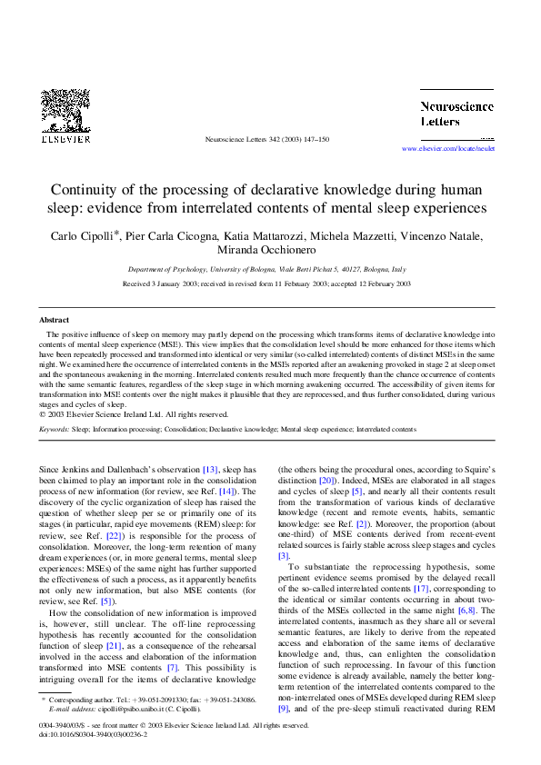 (PDF) Continuity of the processing of declarative knowledge during human sleep: evidence from ...