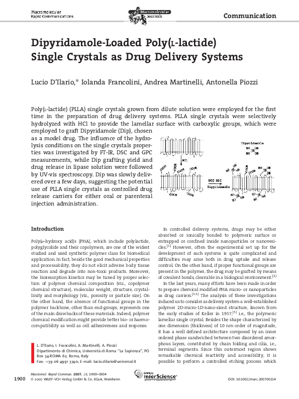(PDF) Dipyridamole-Loaded Poly(L-lactide) Single Crystals as Drug Delivery Systems