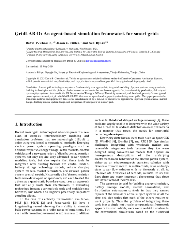 Pdf Gridlab D An Agent Based Simulation Framework For Smart Grids