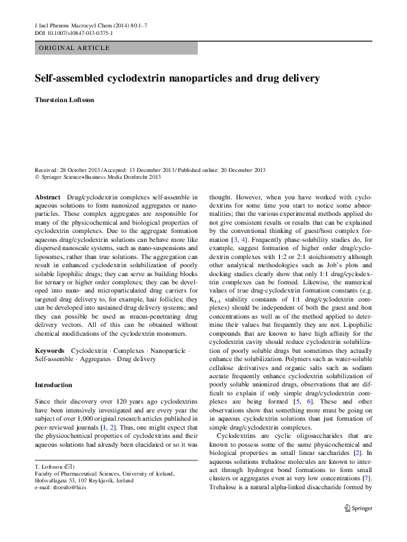 (PDF) Self-assembled cyclodextrin nanoparticles and drug delivery | Thorsteinn Loftsson ...