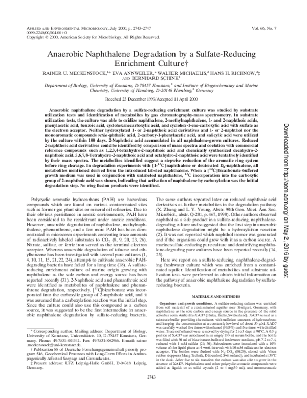 (PDF) Anaerobic Naphthalene Degradation by a Sulfate-Reducing Enrichment Culture