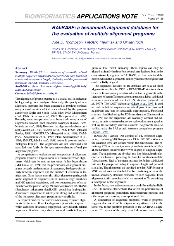 (PDF) BAliBASE: a benchmark alignment database for the evaluation of multiple alignment programs
