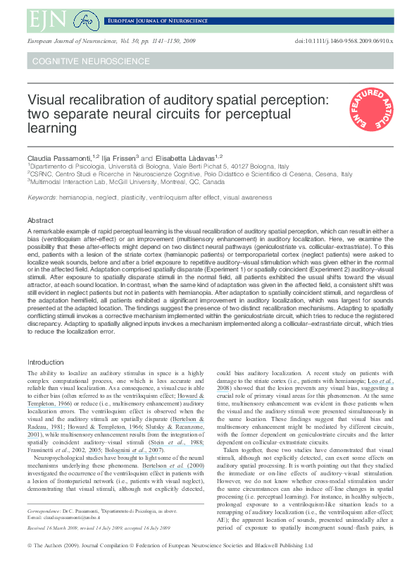 (PDF) Visual recalibration of auditory spatial perception: two separate neural circuits for ...