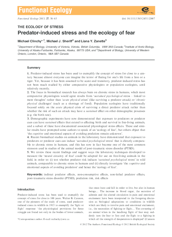 (PDF) Predator‐induced stress and the ecology of fear