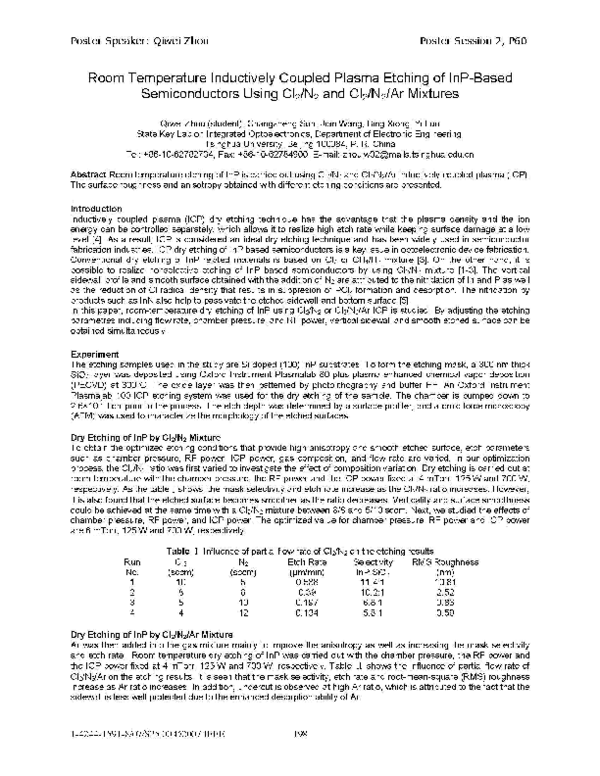 (PDF) Room Temperature Inductively Coupled Plasma Etching of InP-Based Semiconductors Using Cl2 ...