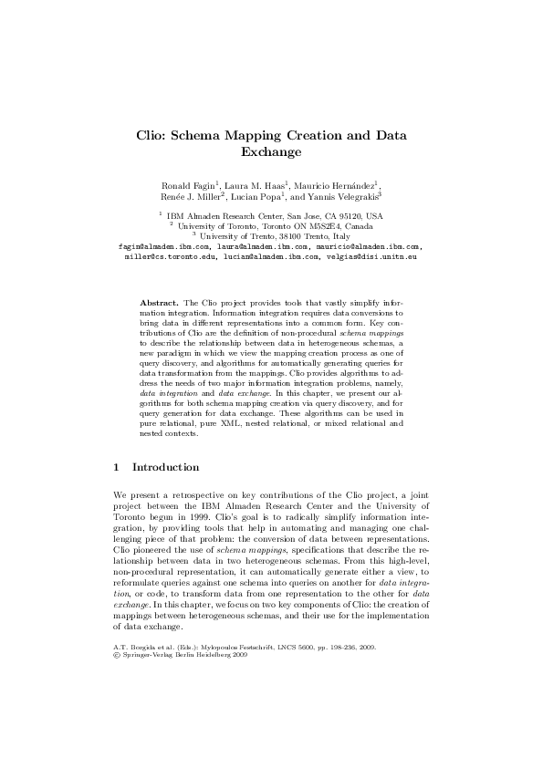 (PDF) Clio: Schema Mapping Creation and Data Exchange | Ronald Fagin - Academia.edu