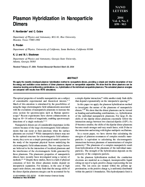 (PDF) Plasmon Hybridization in Nanoparticle Dimers