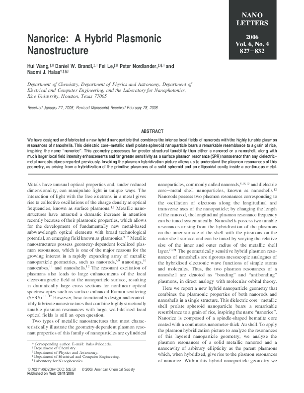 (PDF) Nanorice: A Hybrid Plasmonic Nanostructure