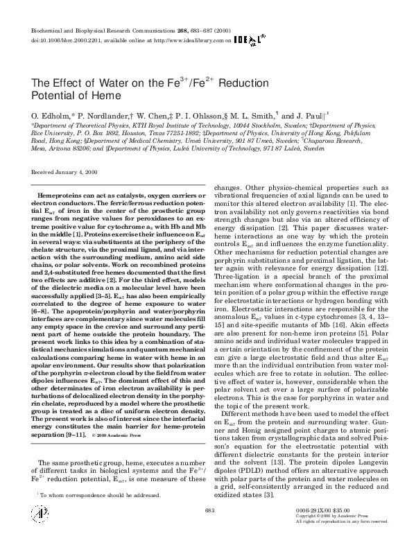 (PDF) The Effect of Water on the Fe3+/Fe2+ Reduction Potential of Heme