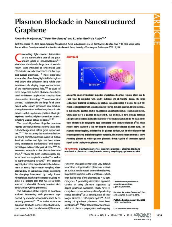 (PDF) Plasmon Blockade in Nanostructured Graphene