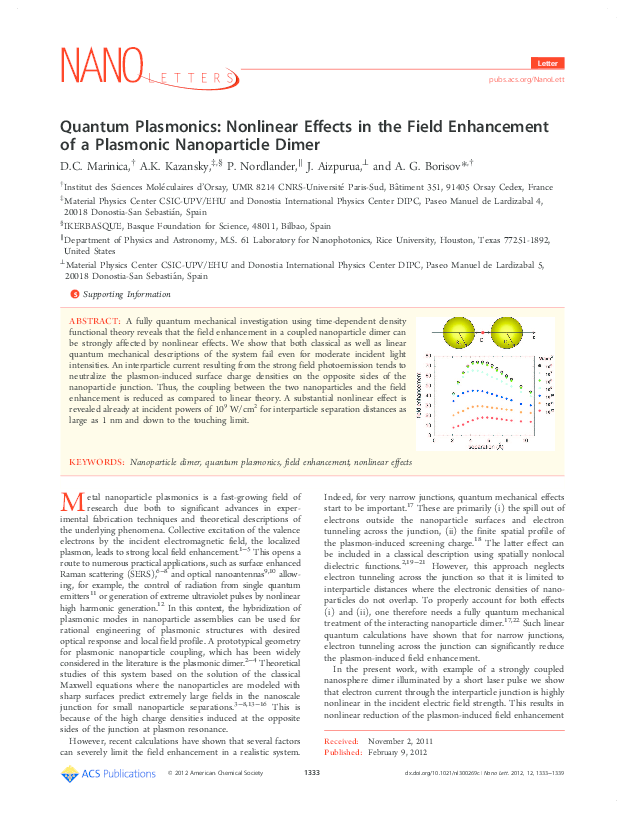 (PDF) Quantum Plasmonics: Nonlinear Effects in the Field Enhancement of a Plasmonic Nanoparticle ...