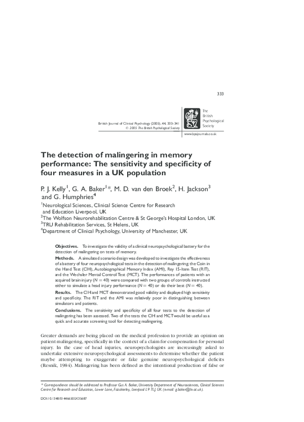 (PDF) The detection of malingering in memory performance: The ...