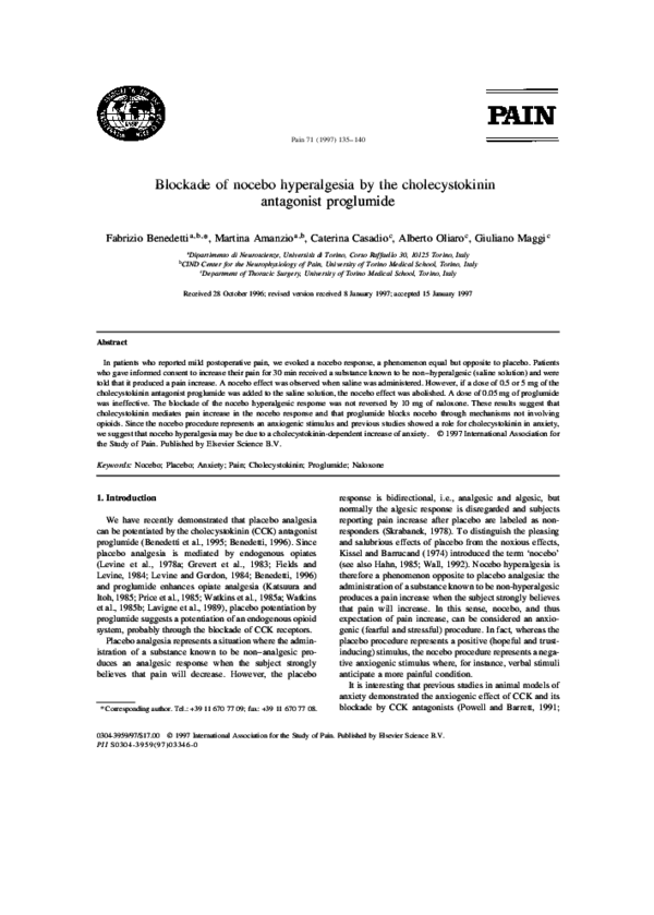 (PDF) Blockade of nocebo hyperalgesia by the cholecystokinin antagonist ...
