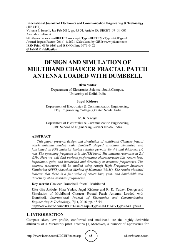(PDF) DESIGN AND SIMULATION OF MULTIBAND CHAUCER FRACTAL PATCH ANTENNA LOADED WITH DUMBBELL