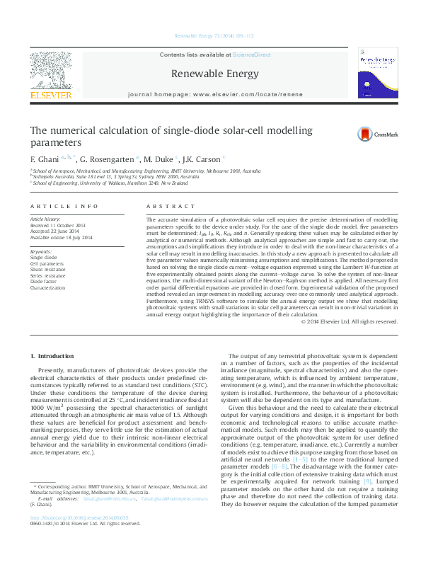 Pdf The Numerical Calculation Of Single Diode Solar Cell Modelling