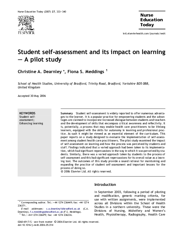 (PDF) Student self-assessment and its impact on learning – A pilot study