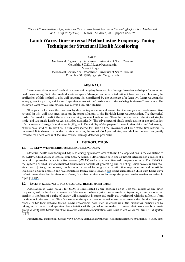 (PDF) Lamb waves time-reversal method using frequency tuning technique for structural health ...