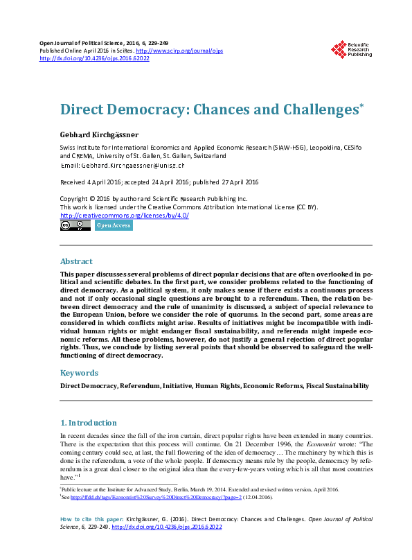 (PDF) Direct Democracy: Chances and Challenges