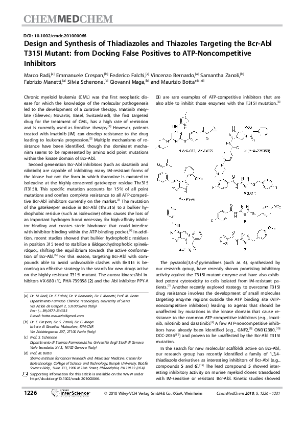 (PDF) Design and Synthesis of Thiadiazoles and Thiazoles Targeting the Bcr-Abl T315I Mutant ...