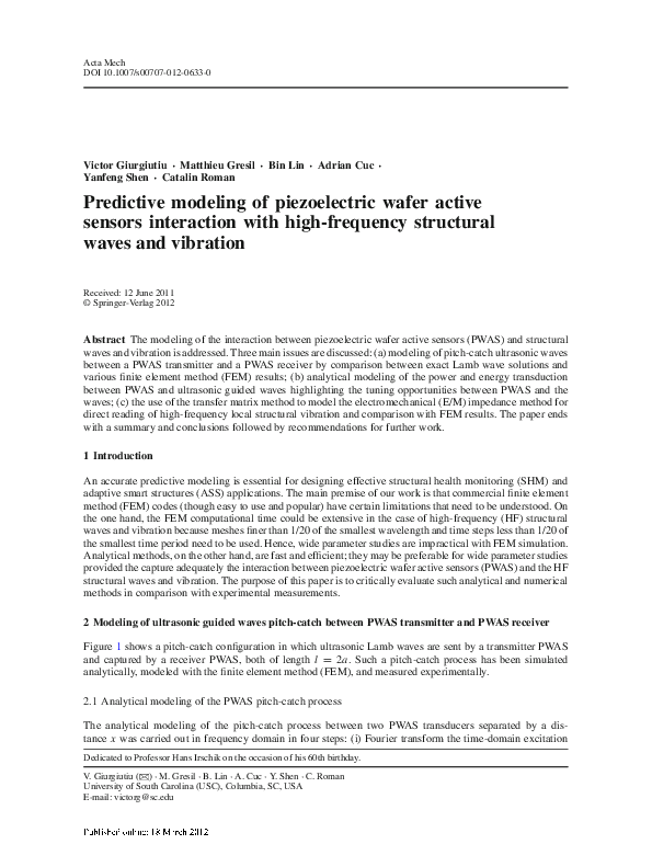 Pdf Predictive Modeling Of Piezoelectric Wafer Active Sensors Interaction With High Frequency