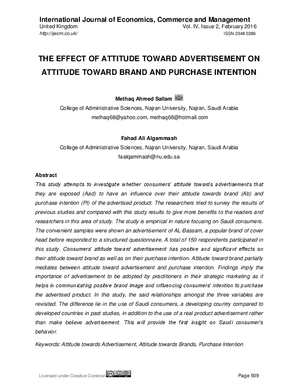 (PDF) THE EFFECT OF ATTITUDE TOWARD ADVERTISEMENT ON ATTITUDE TOWARD BRAND AND PURCHASE INTENTION