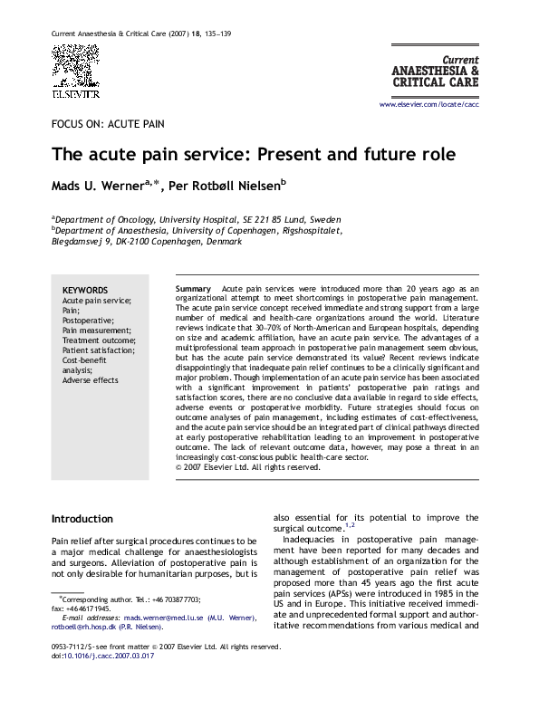 (PDF) The acute pain service: Present and future role