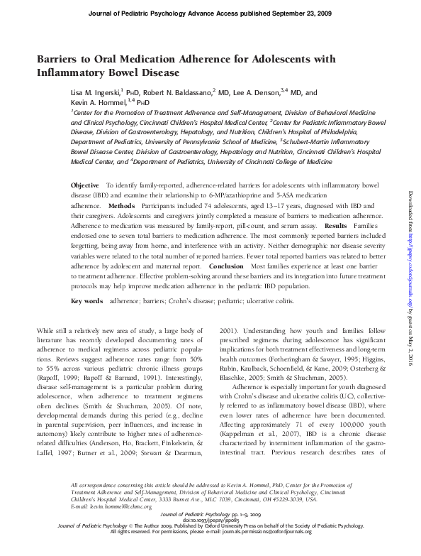 (PDF) Barriers to Oral Medication Adherence for Adolescents with ...