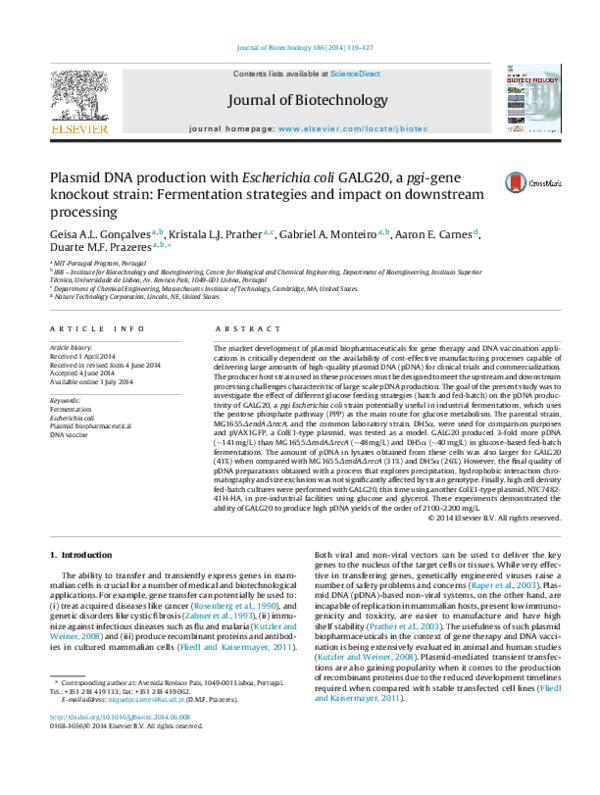 (PDF) Plasmid DNA production with Escherichia coli GALG20, a pgi-gene ...
