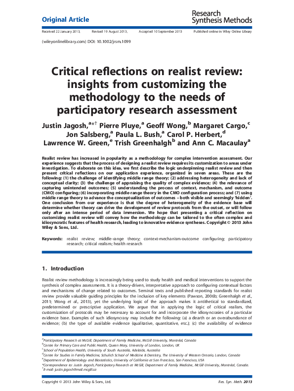 (PDF) Critical reflections on realist review: insights from customizing ...