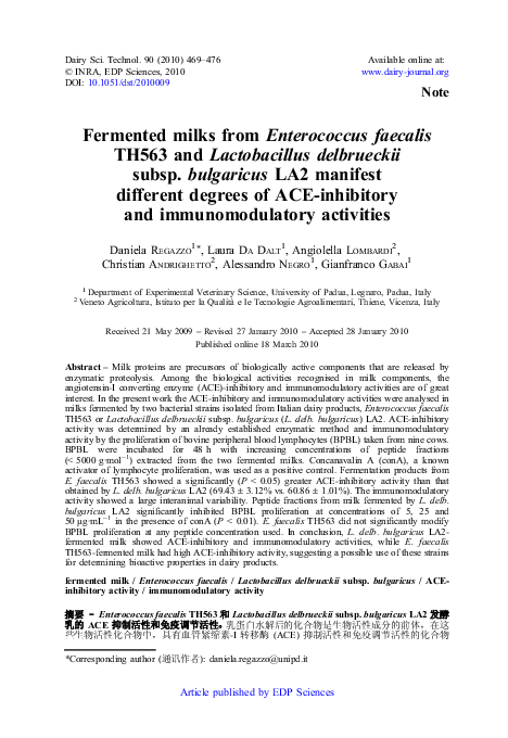 (PDF) Fermented milks from Enterococcus faecalis TH563 and ...
